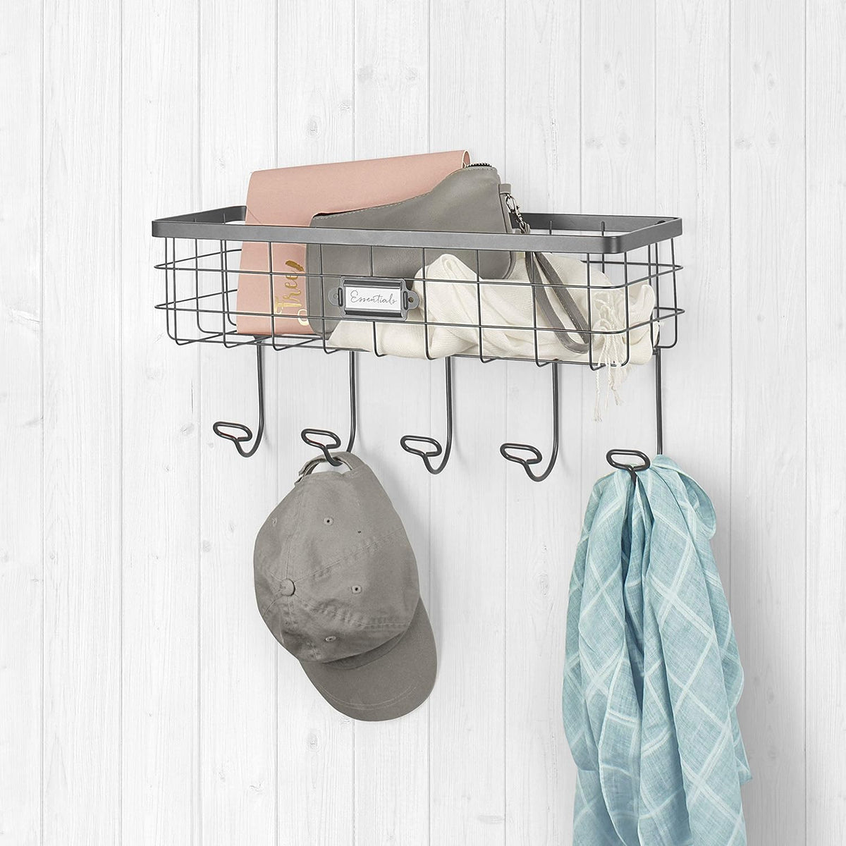 NEW Spectrum Diversified Vintage Wire Basket & Hook Station Wall Mount ...