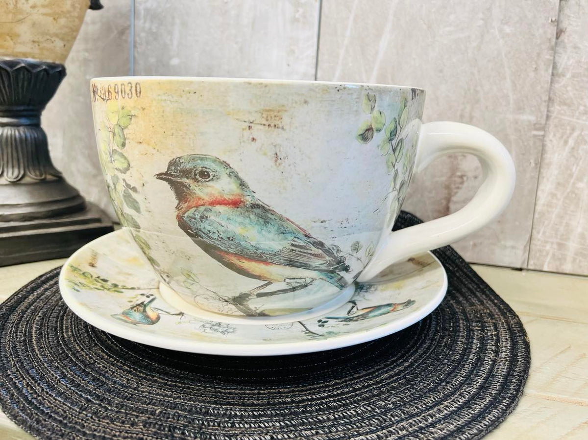 Oversized Jumbo Ceramic Bird Print Tea Cup Planter with large saucer ...
