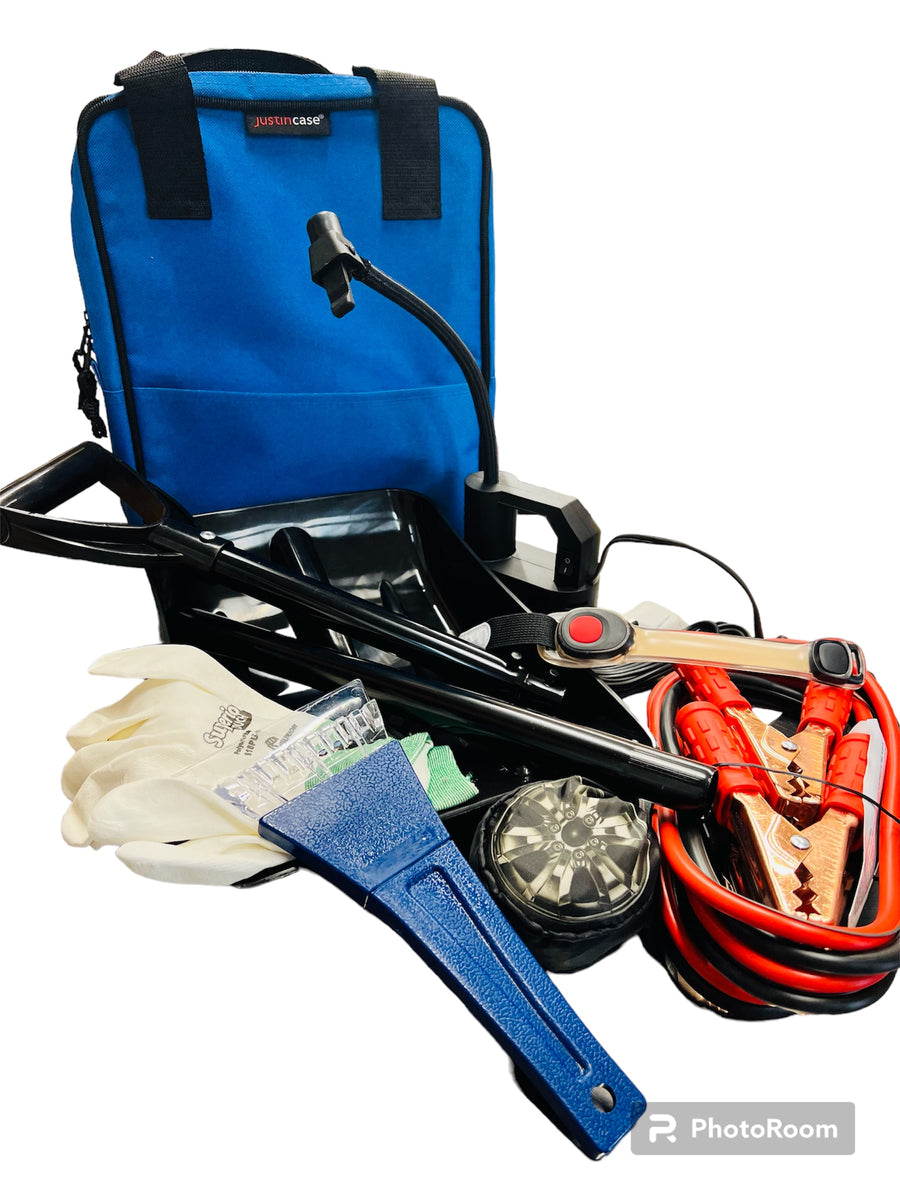 Deluxe Roadside Auto Emergency Kit with compressor, collapsible shovel ...