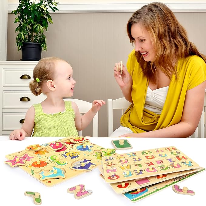 New Wooden Peg Puzzles for Toddlers-Alphabet Number Shape Vehicles Ani ...