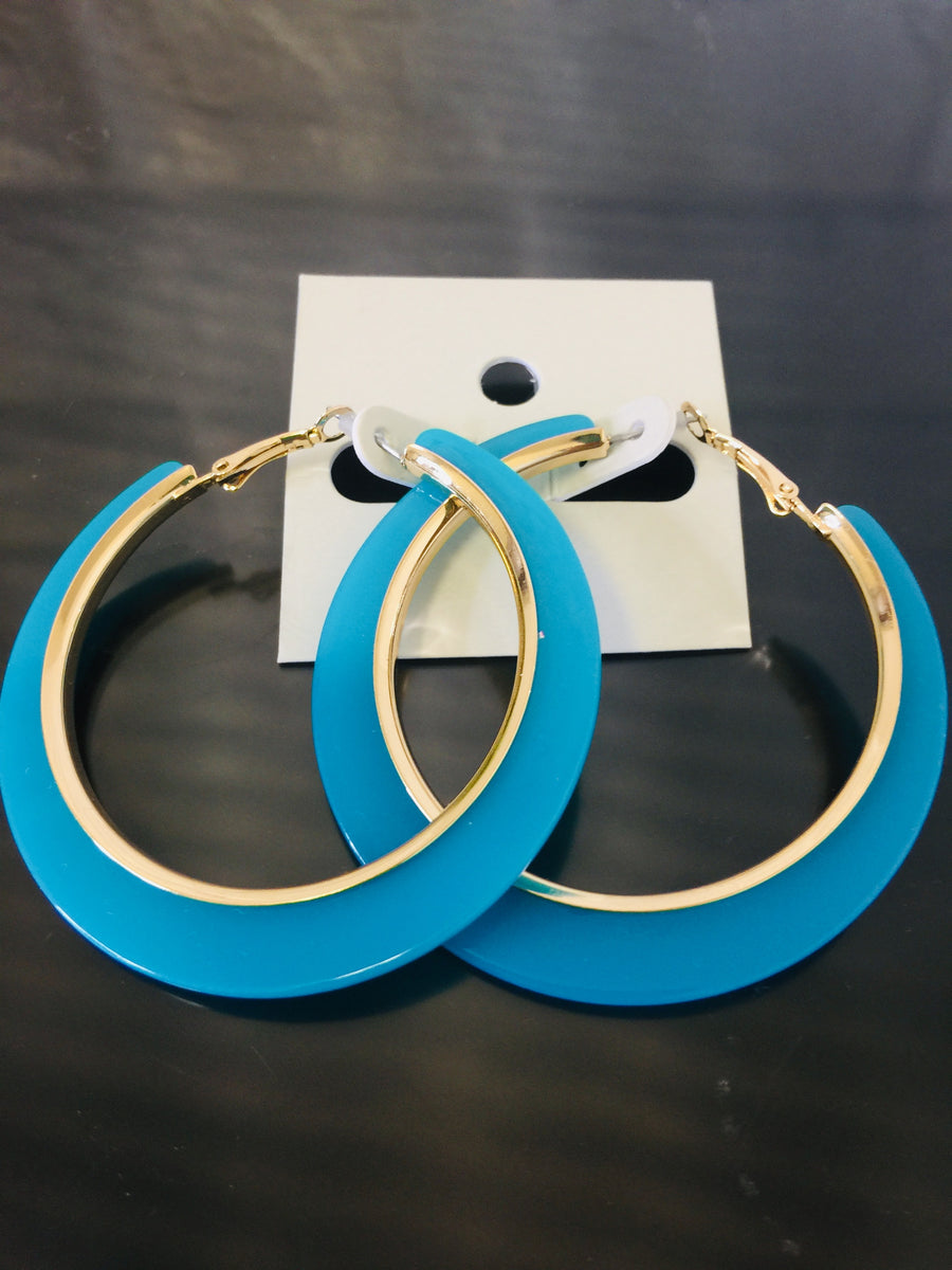 New Nordstrom Large Acrylic Gold tone Hoops, Teal! Lightweight nit hea ...