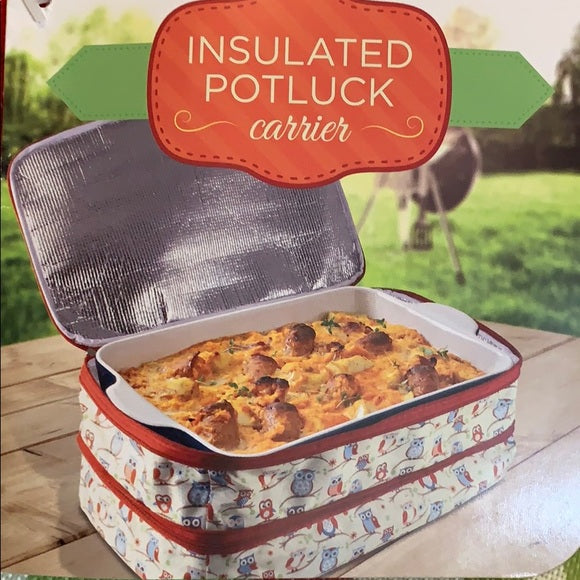 This cute owl print insulated potluck carrier has 2 separate and expan ...