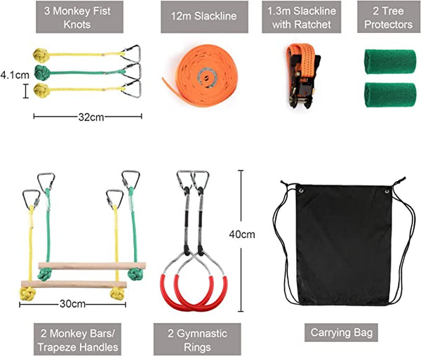 New ZELUS Portable 40 Foot Slackline Monkey Bar Kit - Kids Swinging Ob ...